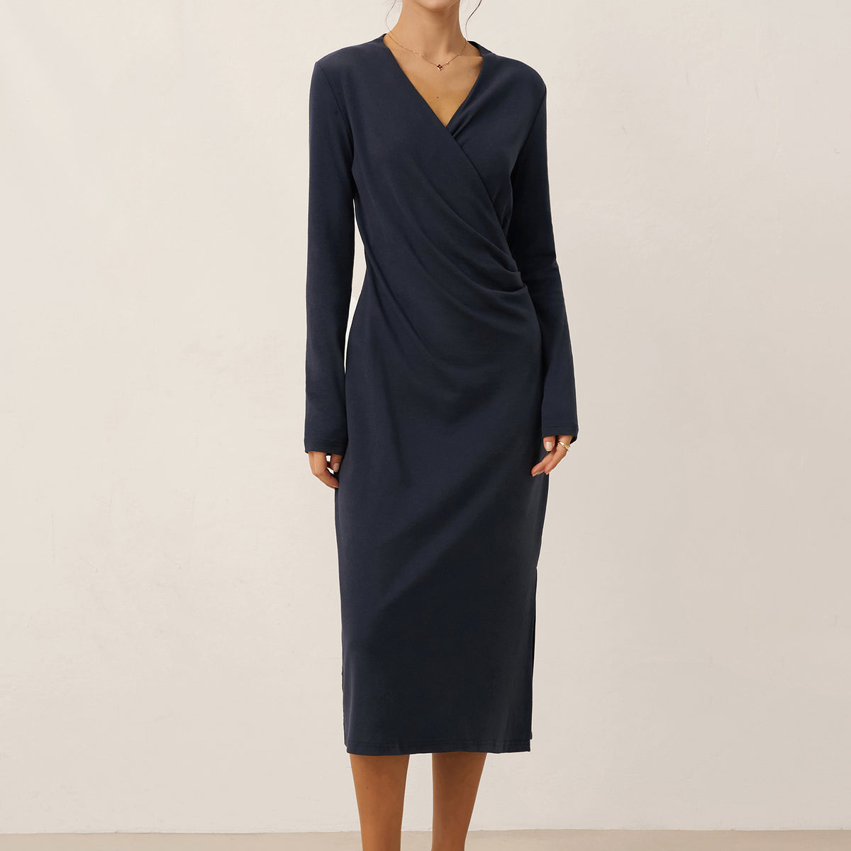 Crossover V-Neck Wrap Stretch Midi Dress MARNIE – LINTICO
